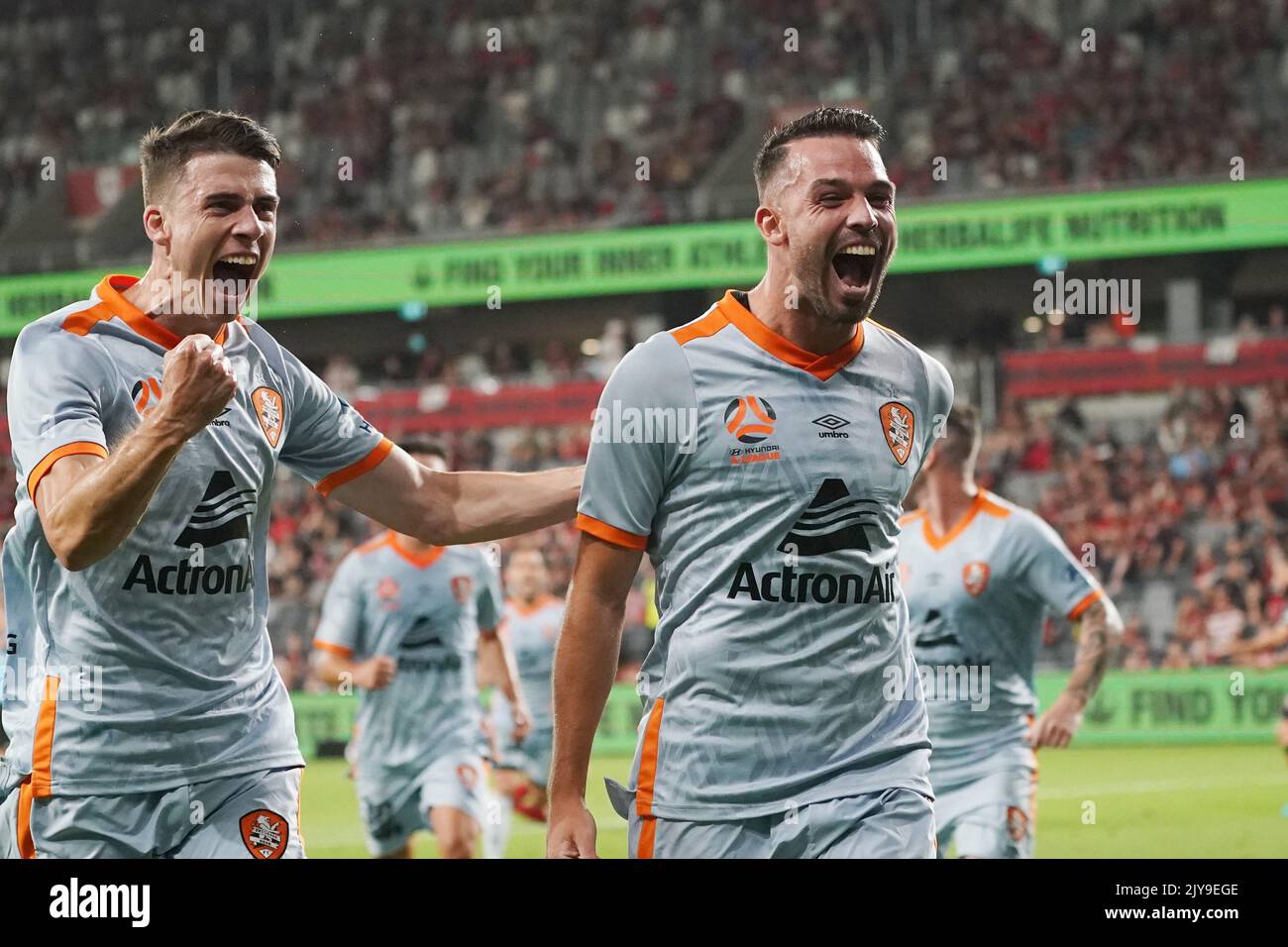 Bradden Inman of the Roar celebrates a goal during the Round 13 A ...