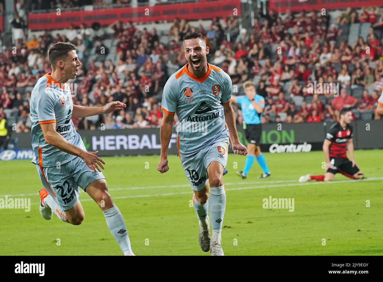 Bradden Inman of the Roar celebrates a goal during the Round 13 A ...
