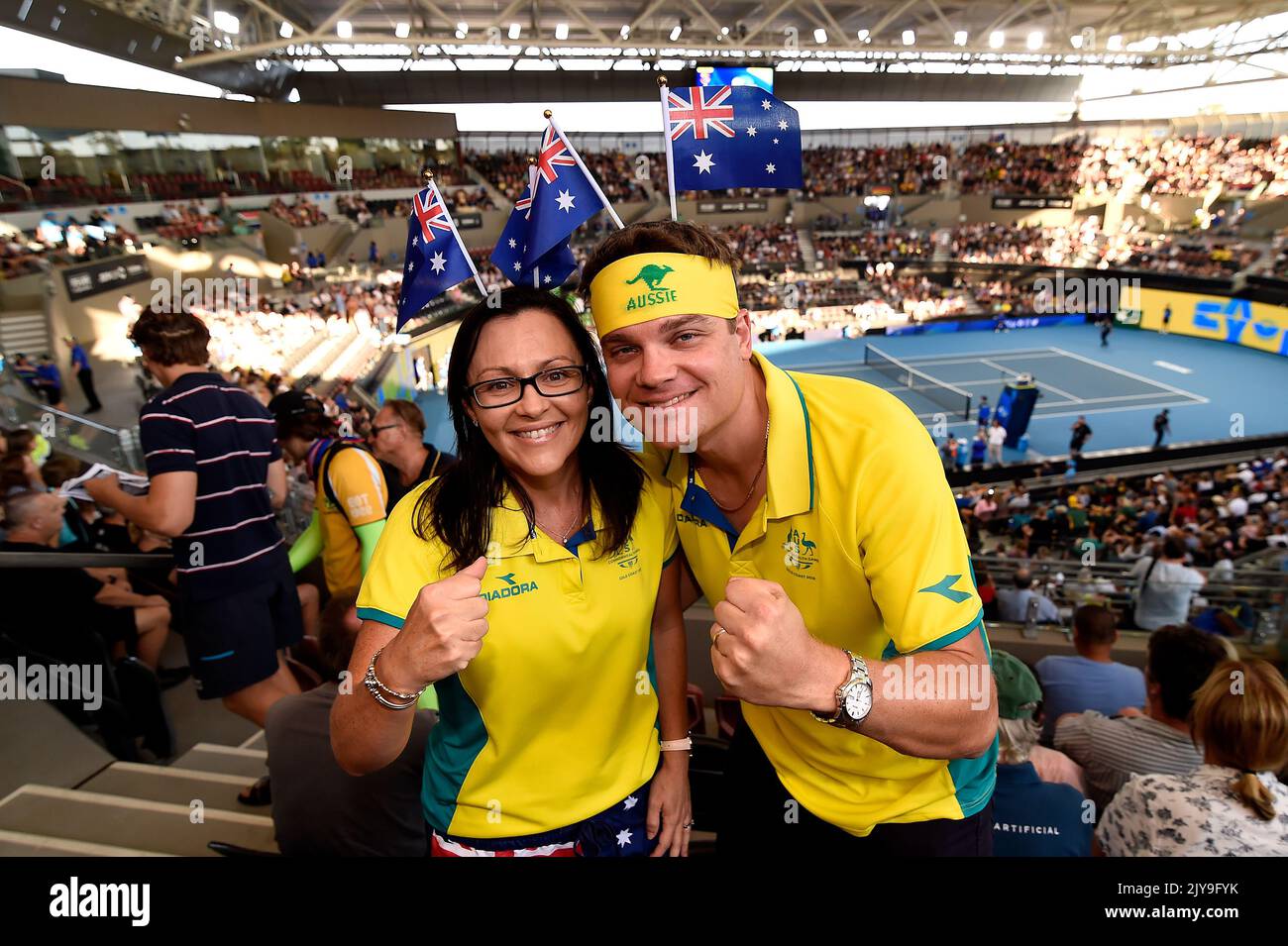 Australia fans pose for a photo during day 1 of the ATP Cup tennis ...