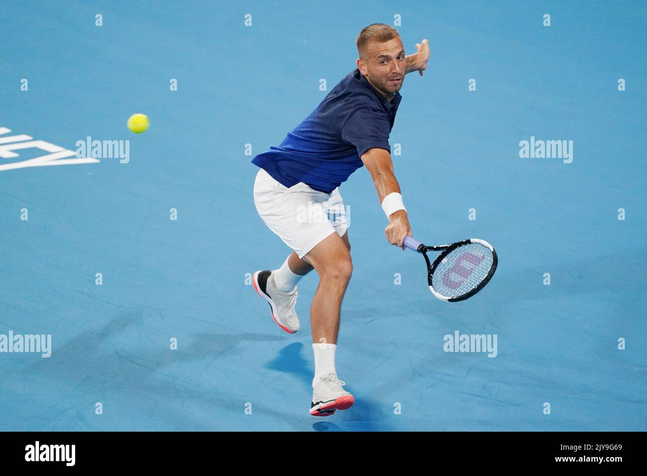 Daniel Evans of Great Britain in action during his match against Grigor ...