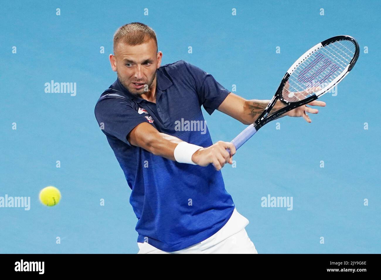 Daniel Evans of Great Britain in action during his match against Grigor ...
