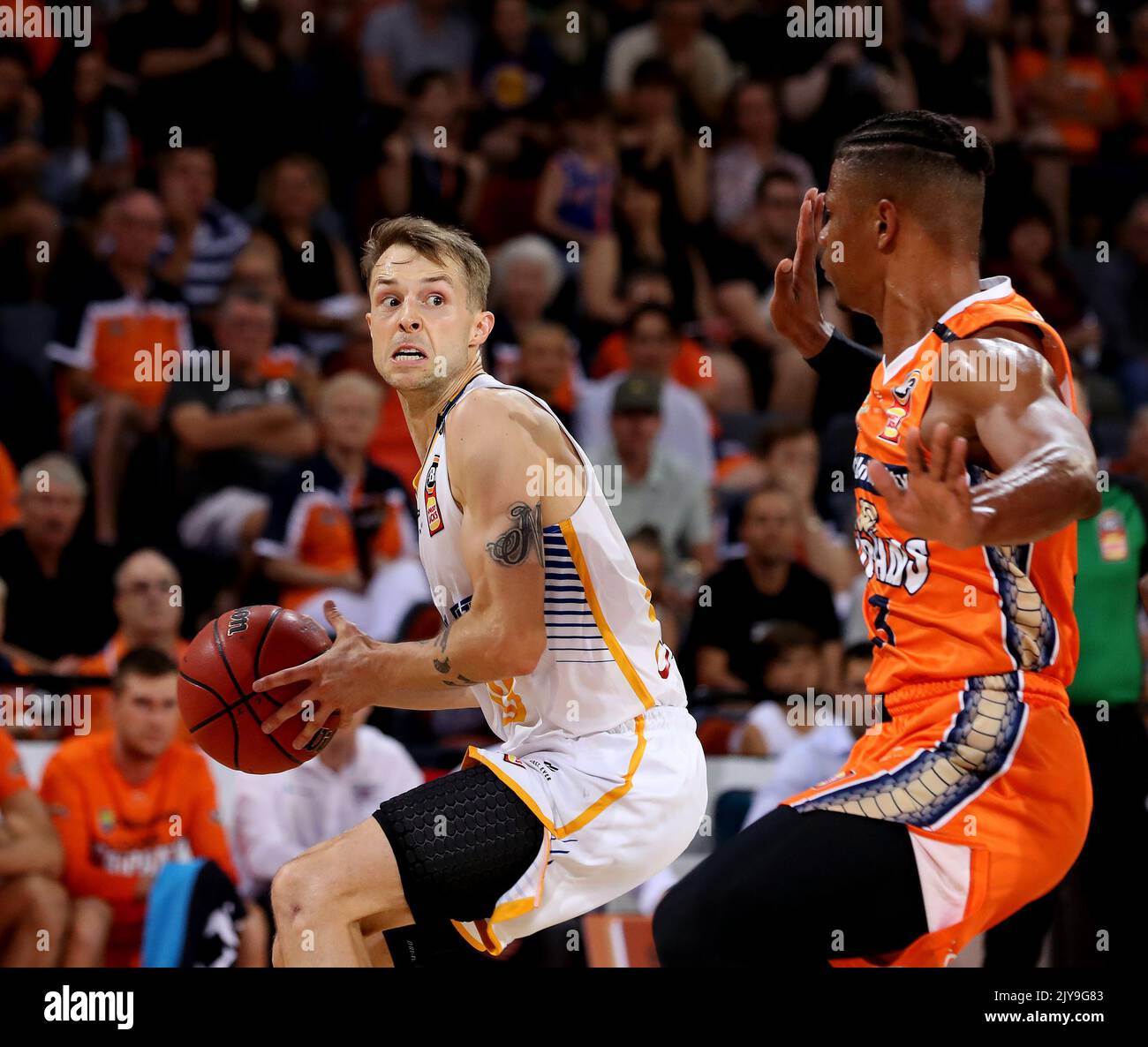 Nathan Sobey of the Bullets and Scott Machado of the Taipans during the ...