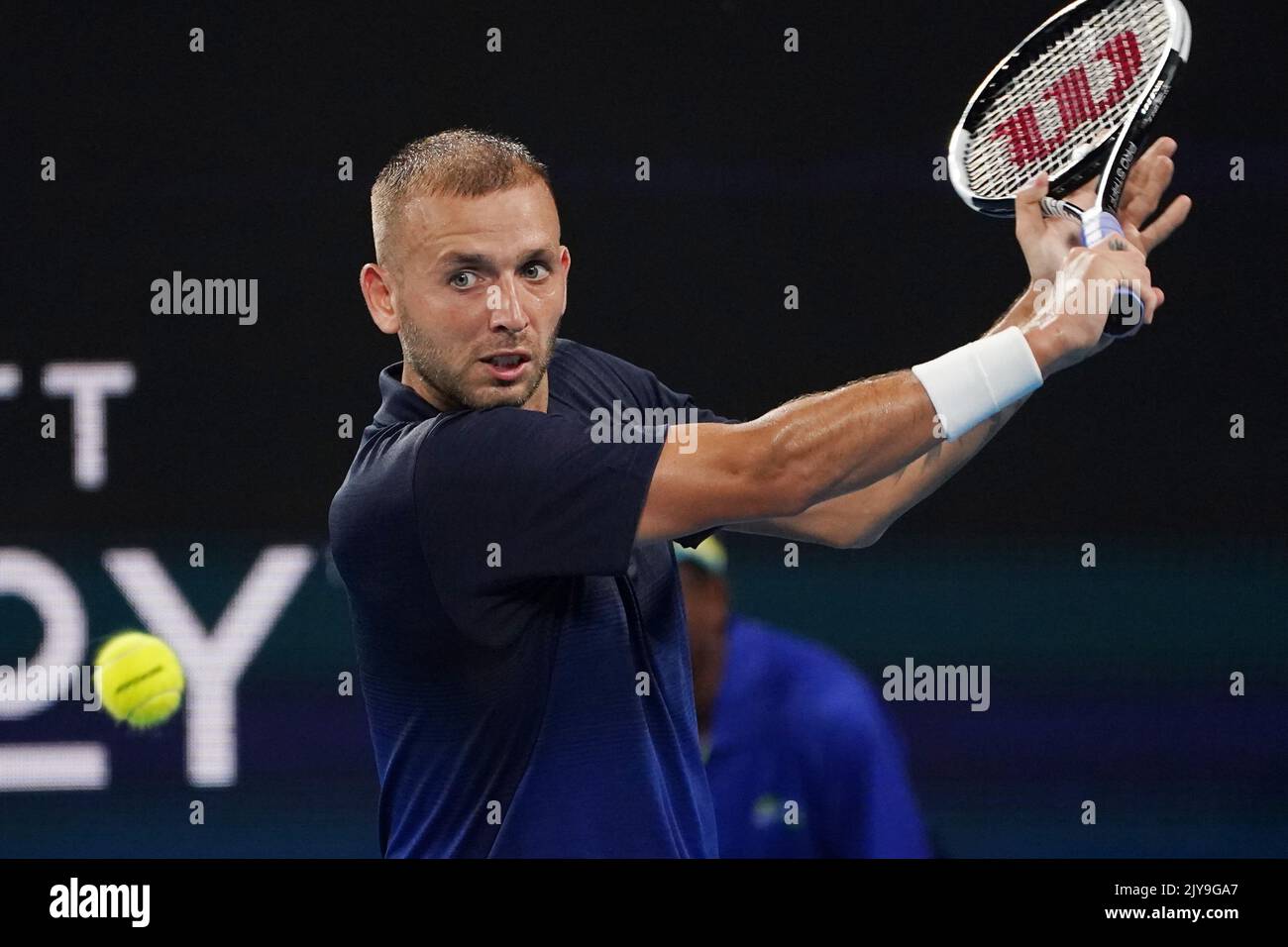 Daniel Evans of Great Britain in action during his match against Grigor ...