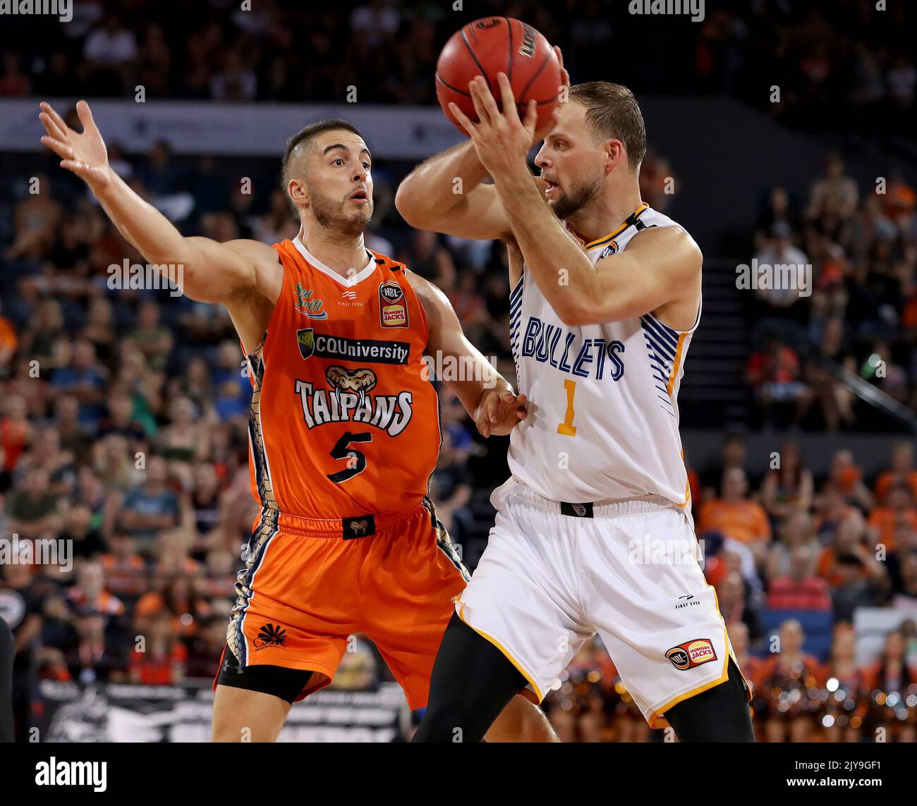 Mika Vukona of the Bullets and George Blagojevic and Cameron Oliver of ...