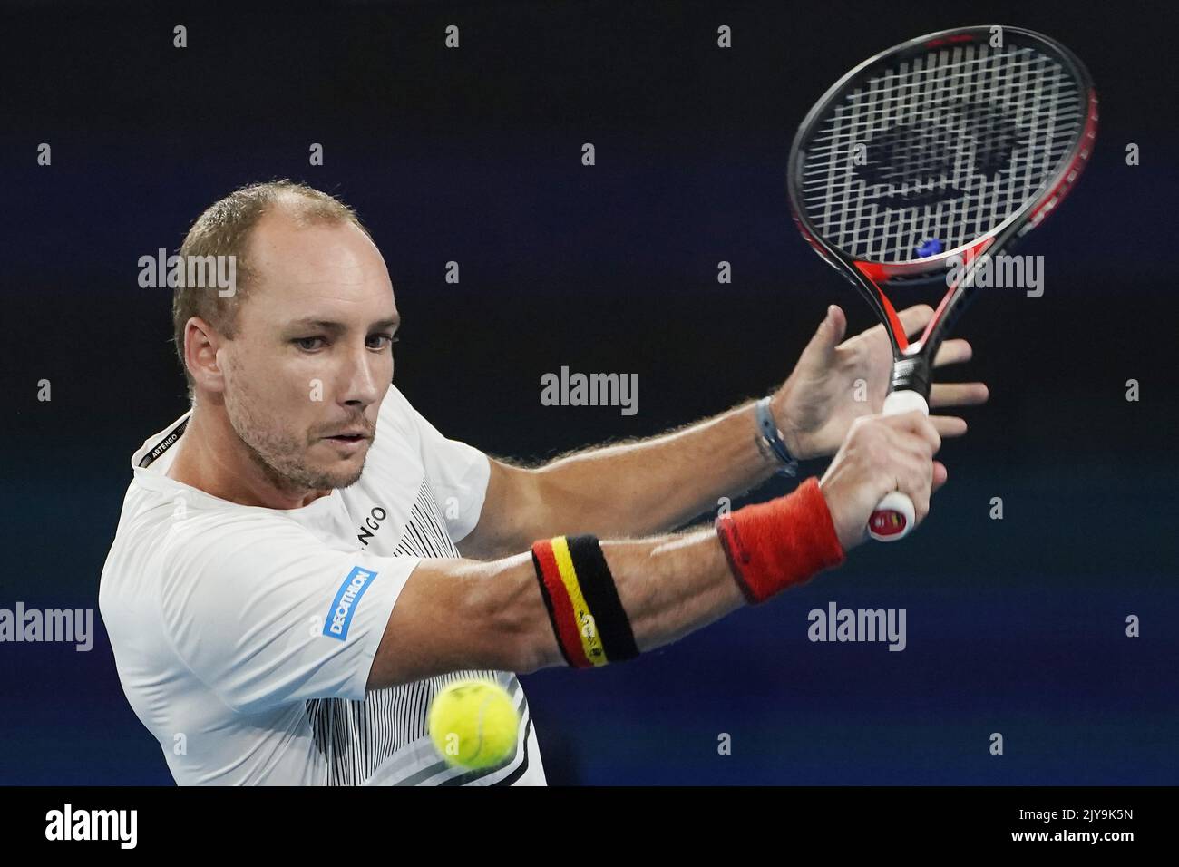 Steve Darcis of Belgium in action in his match against Cameron Norrie ...