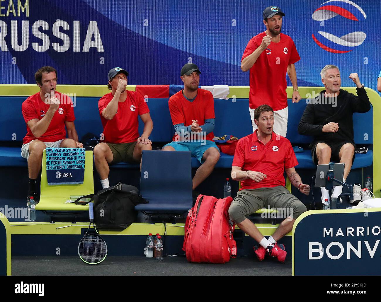 The Russian team react to Karen Khachanov of Russia winning a point in ...