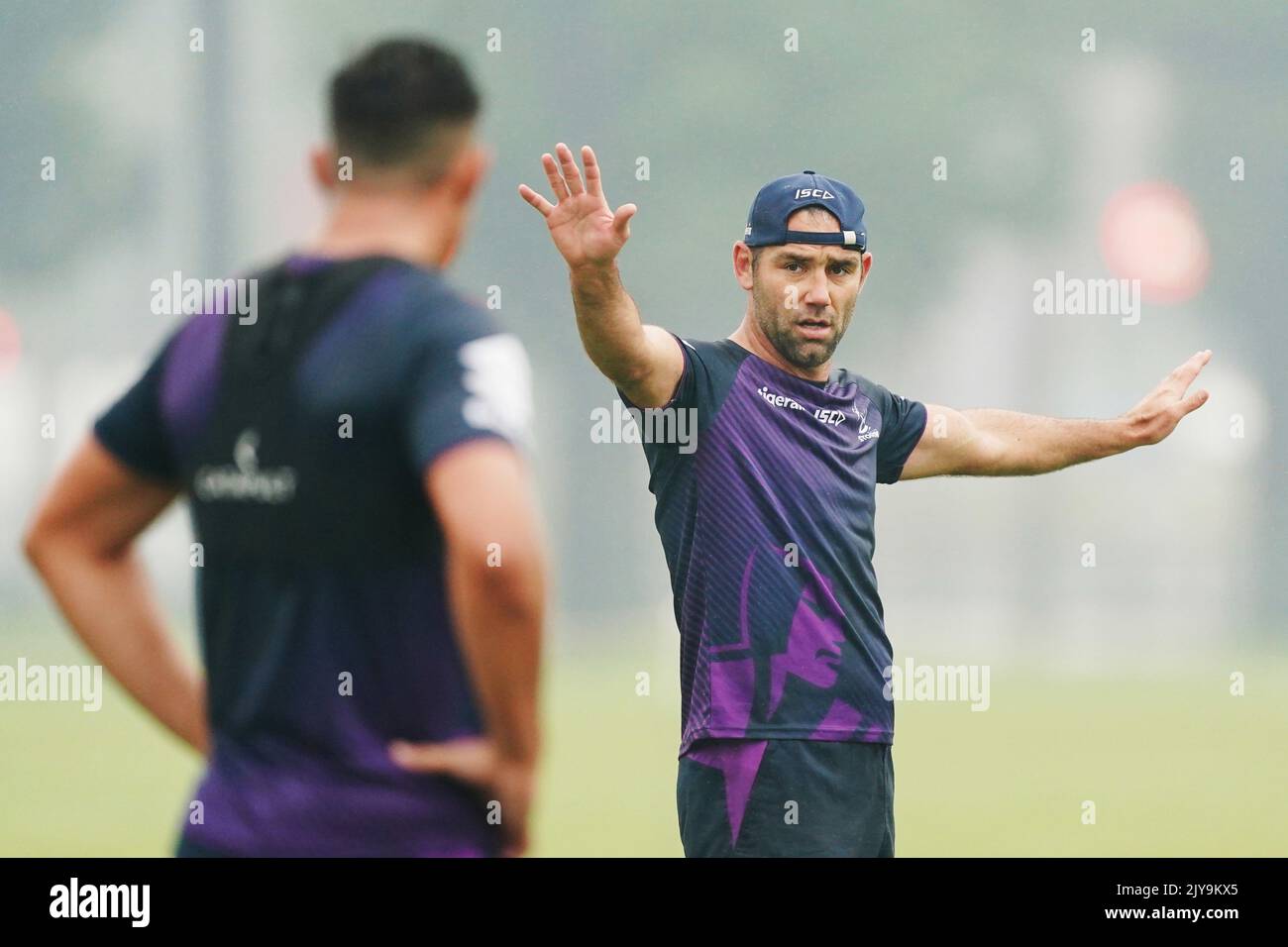 Cameron Smith of the Storm instructs teammates during a Melbourne Storm ...