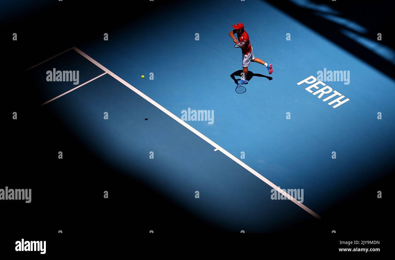 Yoshihito Nishioka of Japan in action during his game against Nikoloz ...