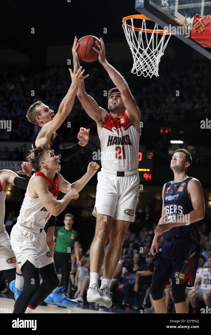 Todd Blanchfield of the Hawks rebounds the ball during the Round 14 ...