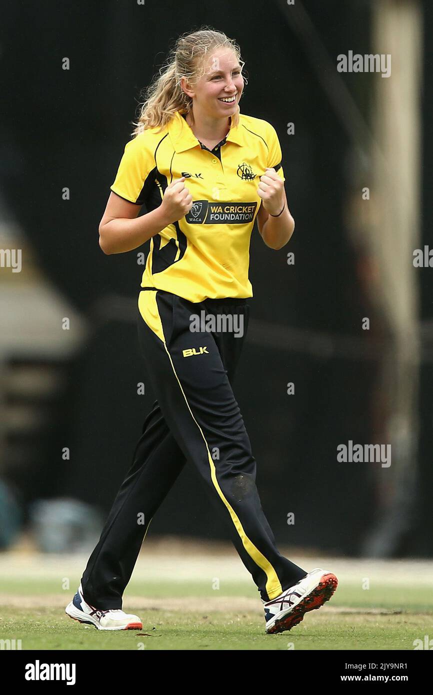 Ashley King of Western Australia celebrates the wicket of Elyse Villani ...