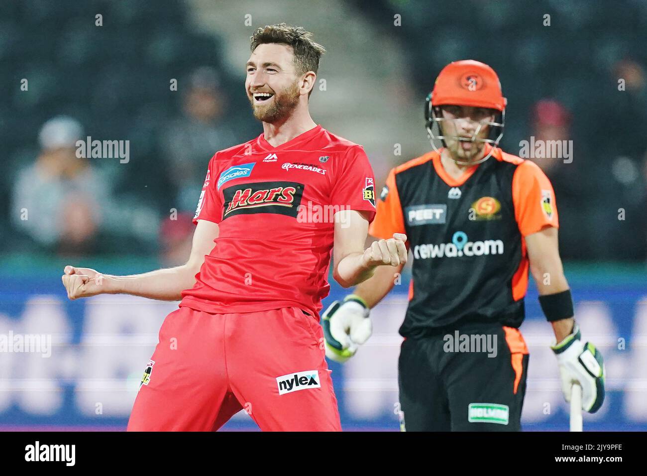 Richard Gleeson of the Renegades celebrates a wicket during the Big ...