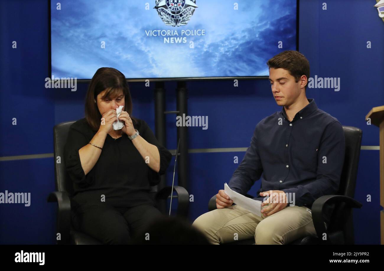The wife of Paul Virgona, Antoinette and son Luca speak to the media ...