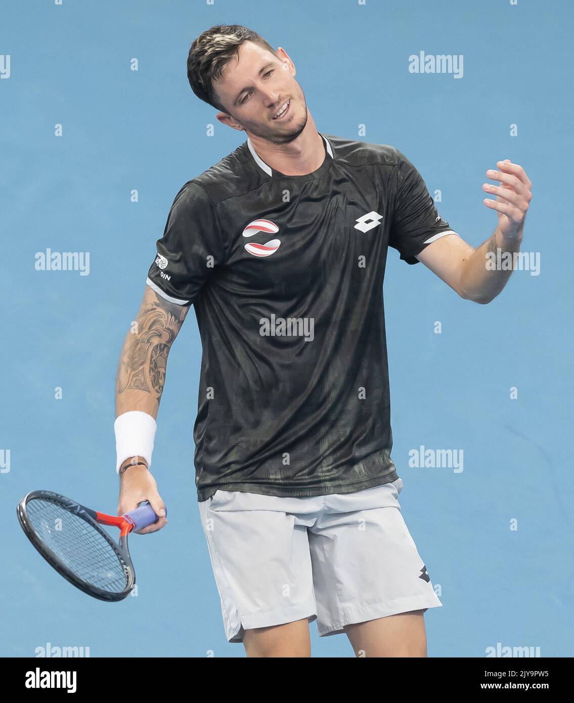 Dennis Novak of Austria reacts during his match against Kamil Majchrzak ...