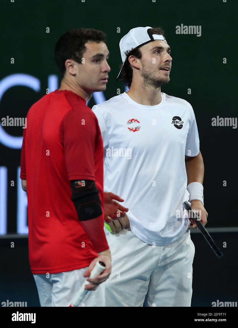 Aleksandre Bakshi and Aleksandre Metreveli of Georgia talk during the ...
