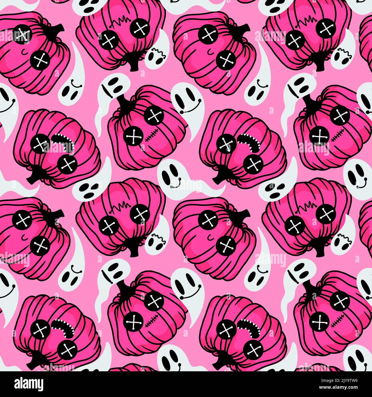 Kawaii cute cartoon Halloween pumpkins seamless autumn harvest pattern ...