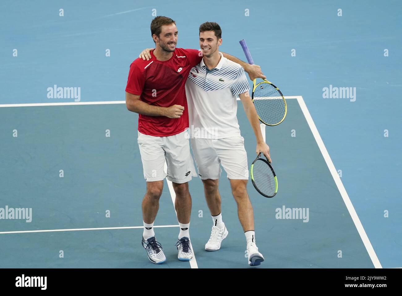 Viktor Troicki and Nikola Cacic of Serbia celebrate their win over ...