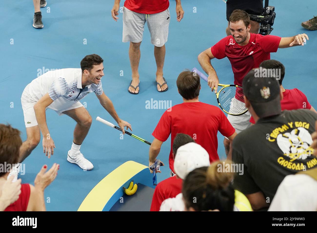 Viktor Troicki and Nikola Cacic of Serbia celebrate their win over ...