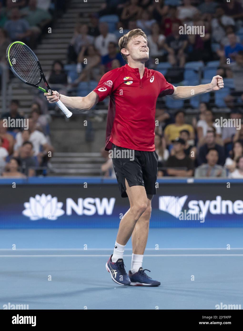 David Goffin of Belgium celebrates after his win over Rafael Nadal of ...