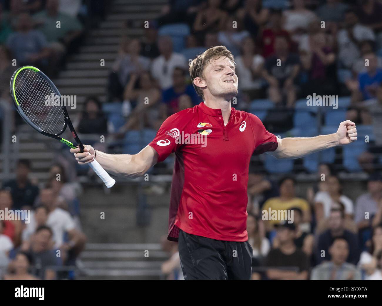David Goffin of Belgium celebrates after his win over Rafael Nadal of ...