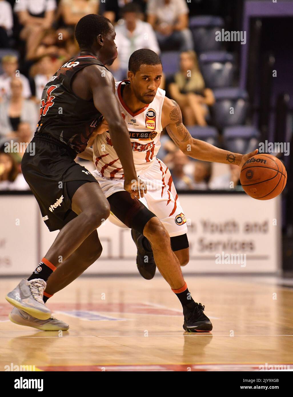 Bryce Cotton of the Wildcats and Sunday Dech of the Hawks during the ...