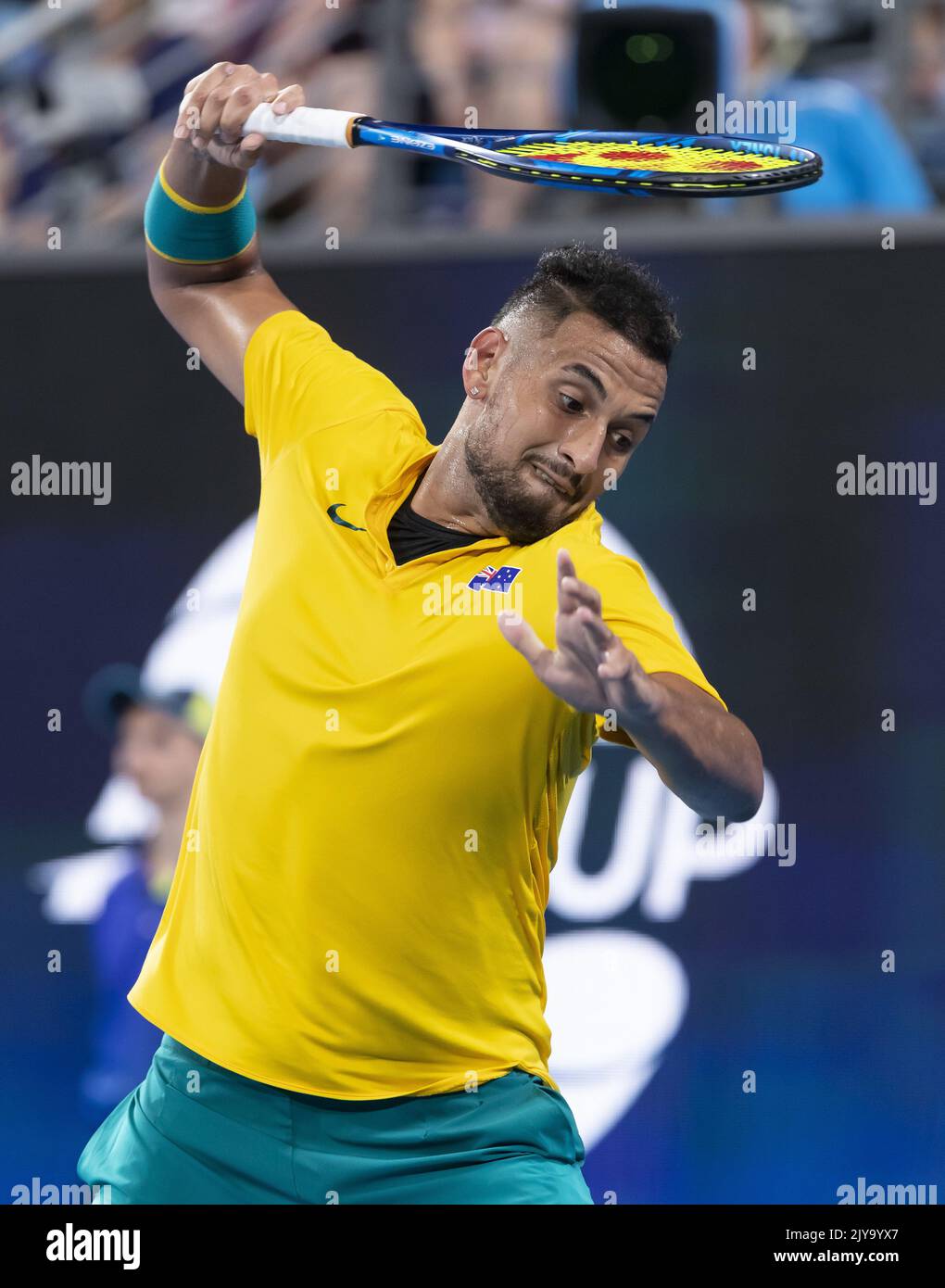 Nick Kyrgios of Australia smashes his racket after losing a game to ...