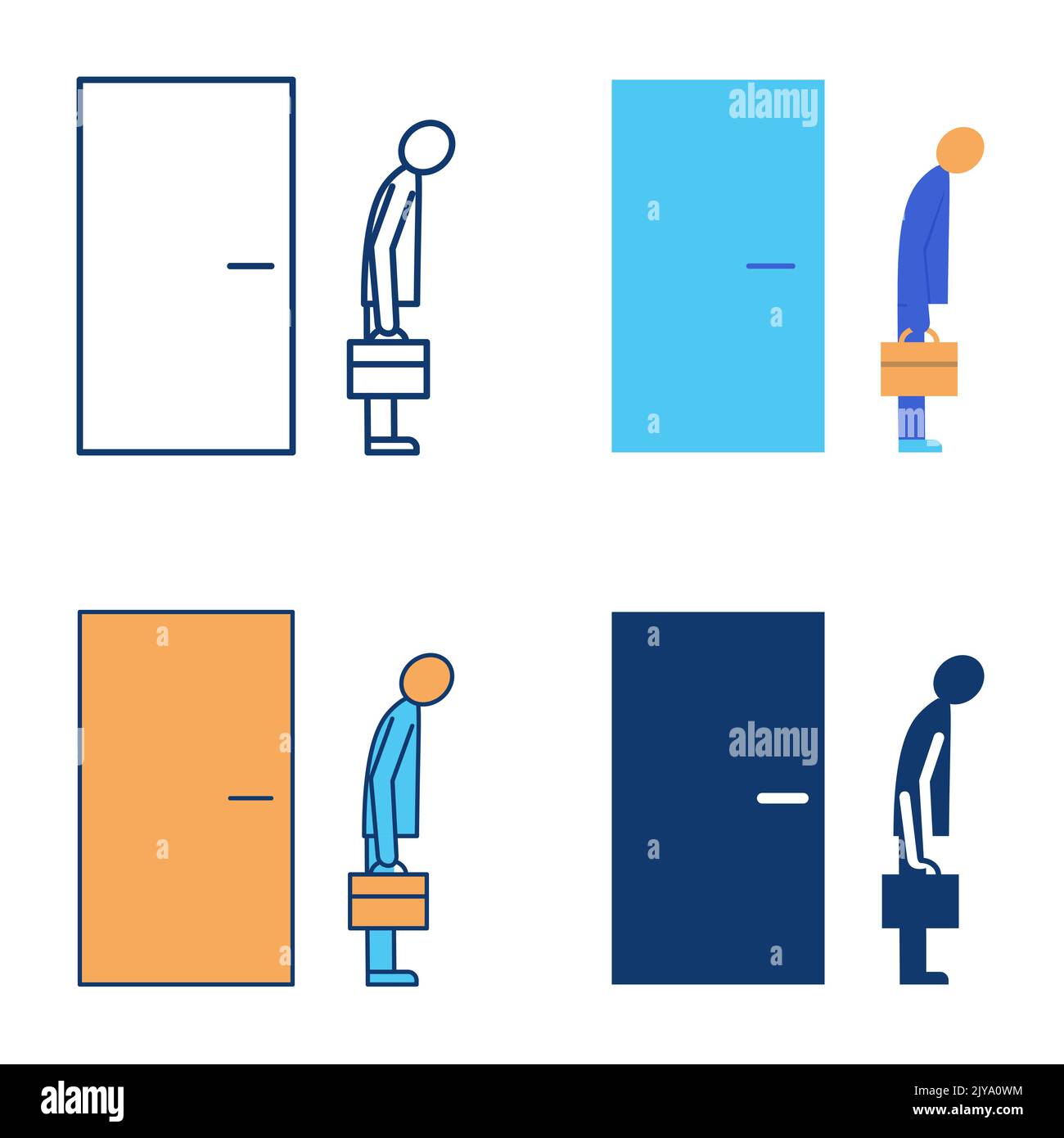 Sad businessman standing near door icon set in flat and line style ... Sad businessman standing near door icon set in flat and line style ...