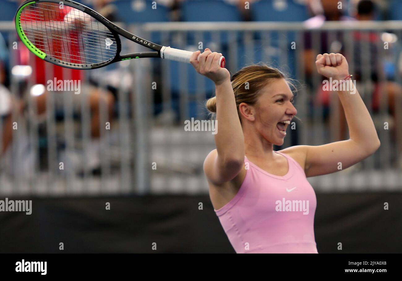 Simona Halep of Romania reacts during an interview with Roger Rashid ...