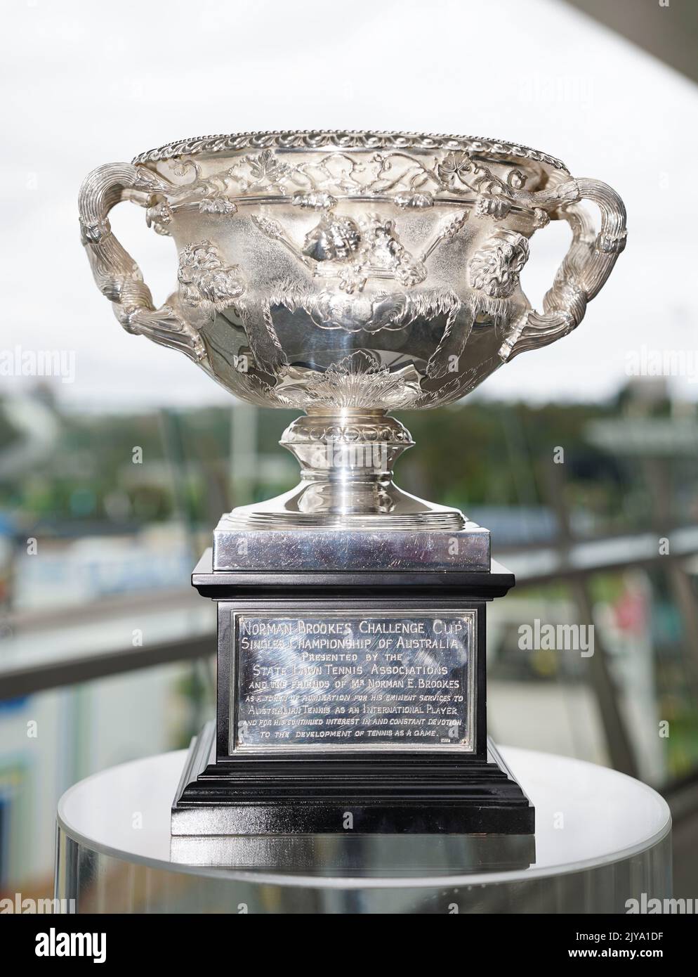 The Norman Brooks Challenge Cup mens trophy sits on display during the ...