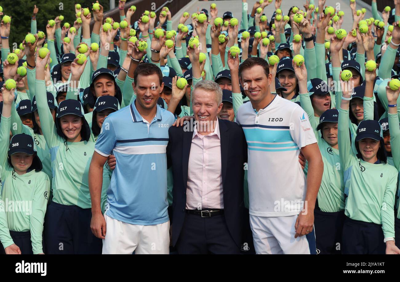 Tennis doubles players Bob and Mike Bryan pose for a photo with Tennis ...