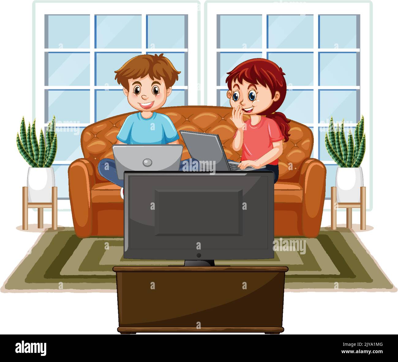 At home scene with children using their laptops illustration Stock ...