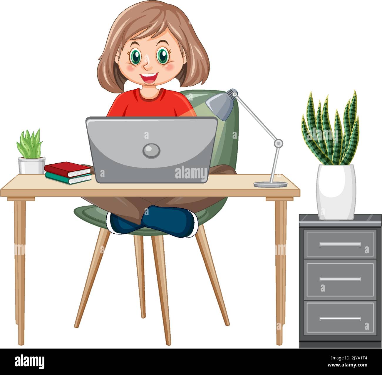 A girl browsing internet on laptop illustration Stock Vector Image ...