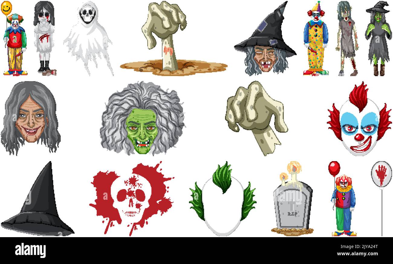Set of horror halloween objects and cartoon characters illustration ...
