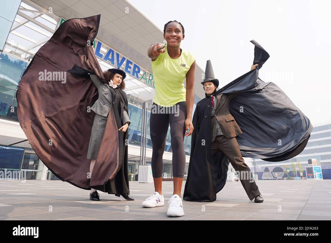 Coco Gauff of the USA poses with the cast from Harry Potter during an ...