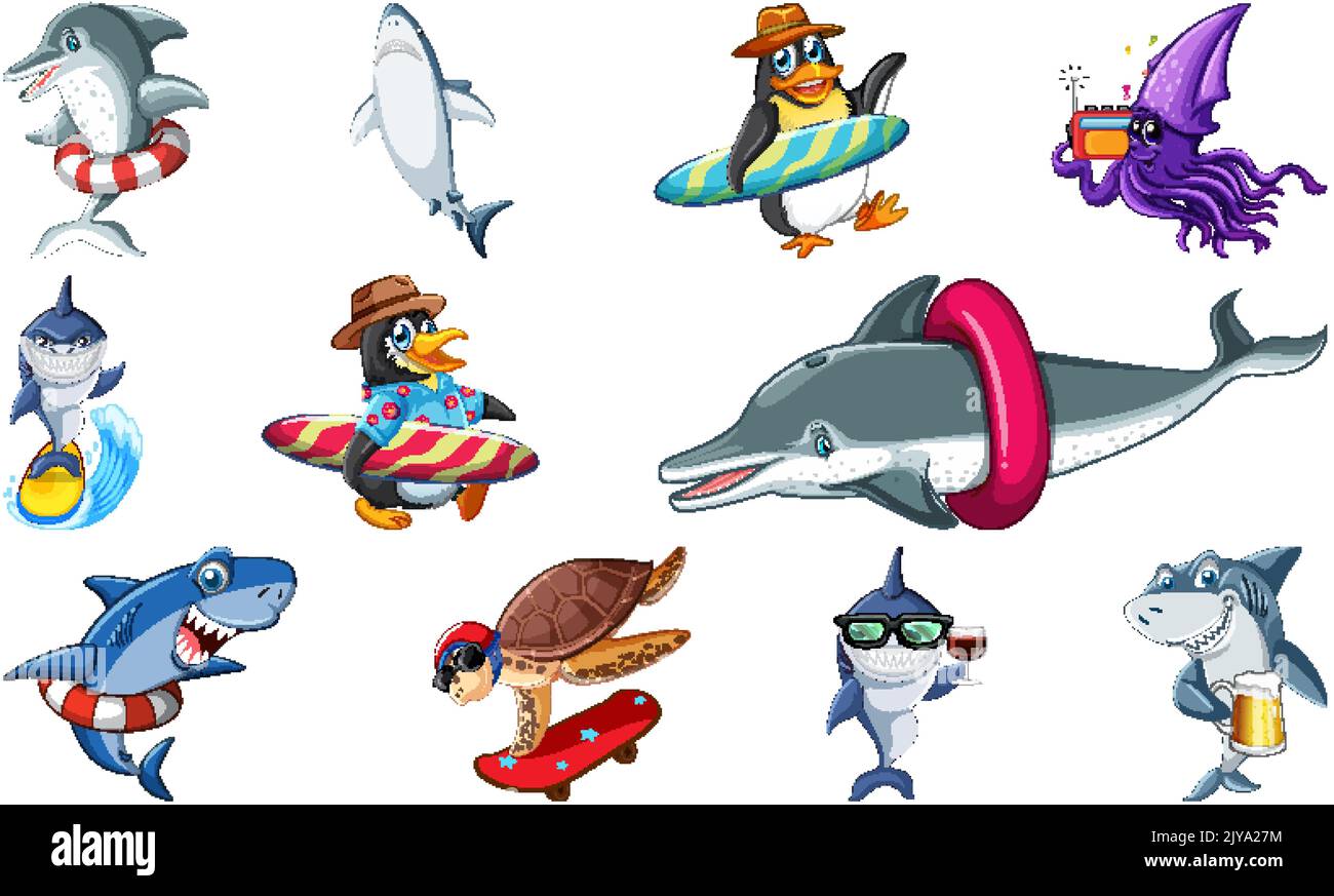 Set of various sea animals cartoon characters illustration Stock Vector ...