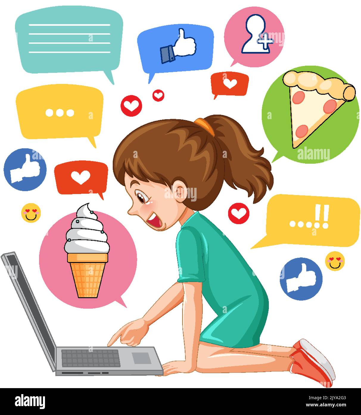 A girl browsing social media on laptop illustration Stock Vector Image ...