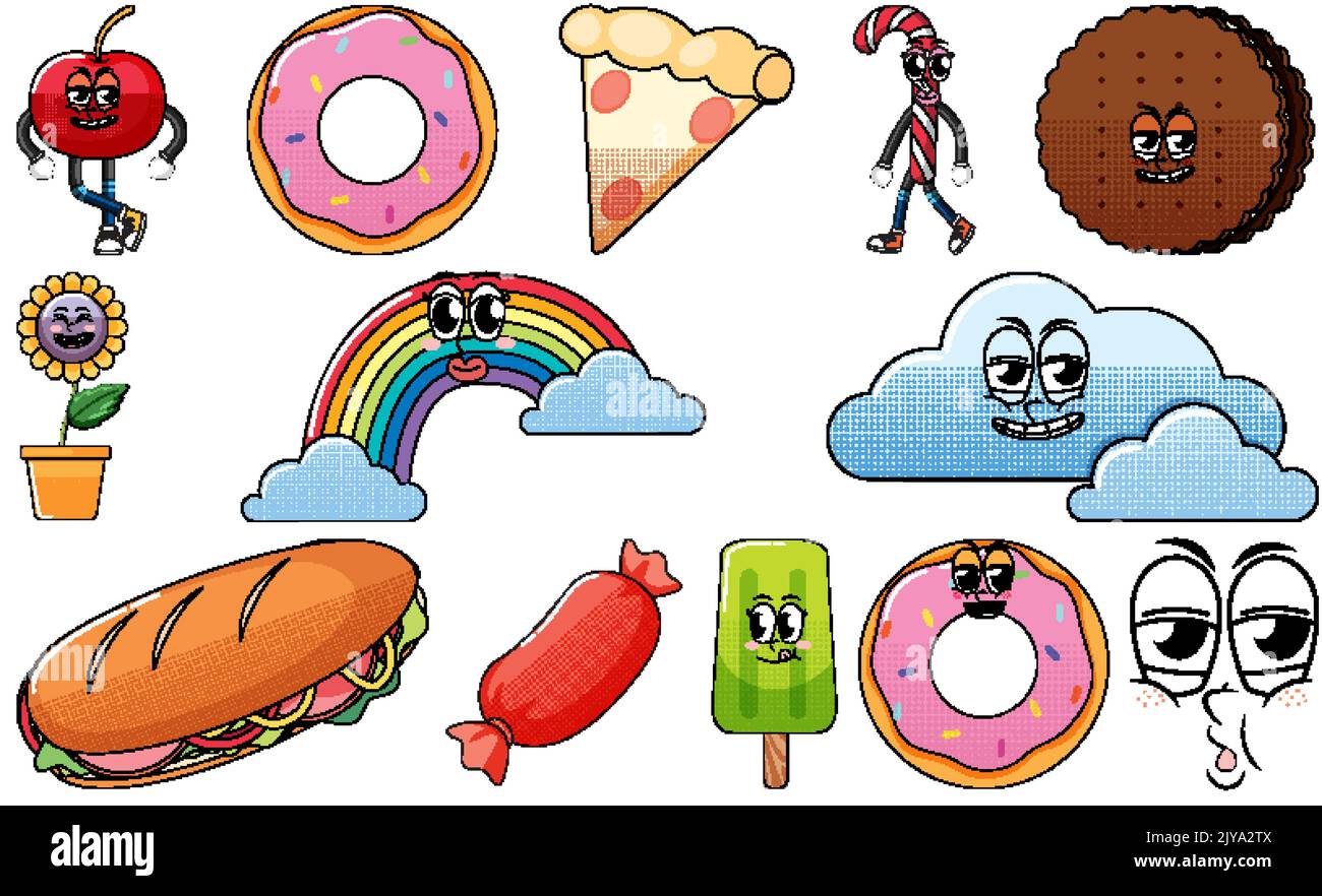 Set of objects and foods cartoon characters illustration Stock Vector ...