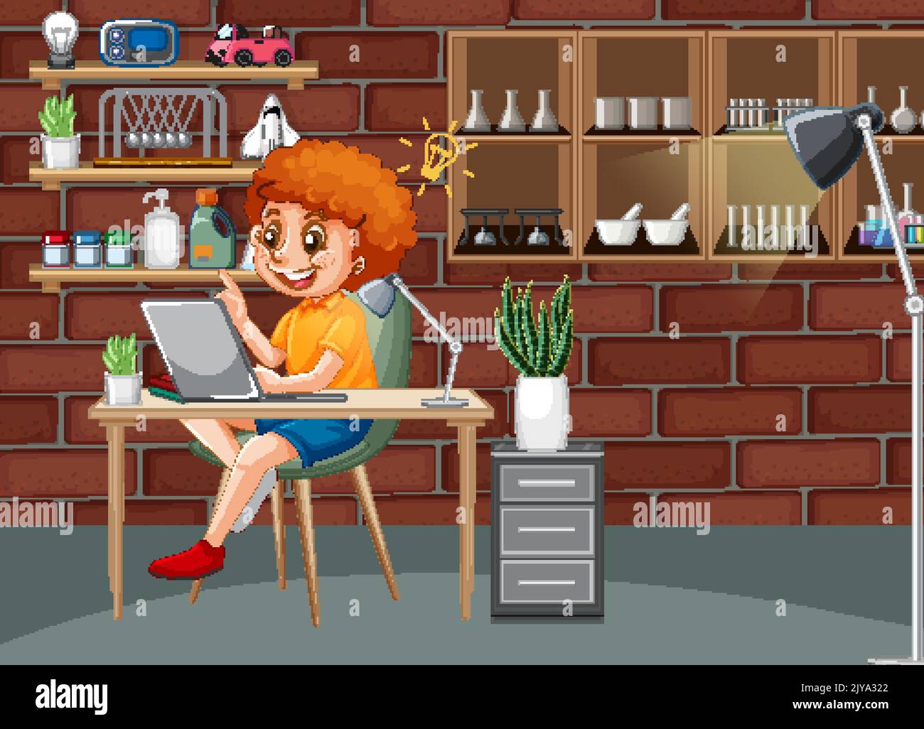 At home scene with A boy using laptop illustration Stock Vector Image ...