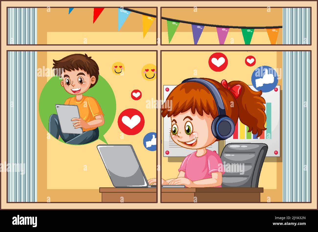 A boy browsing social media on laptop at home illustration Stock Vector ...