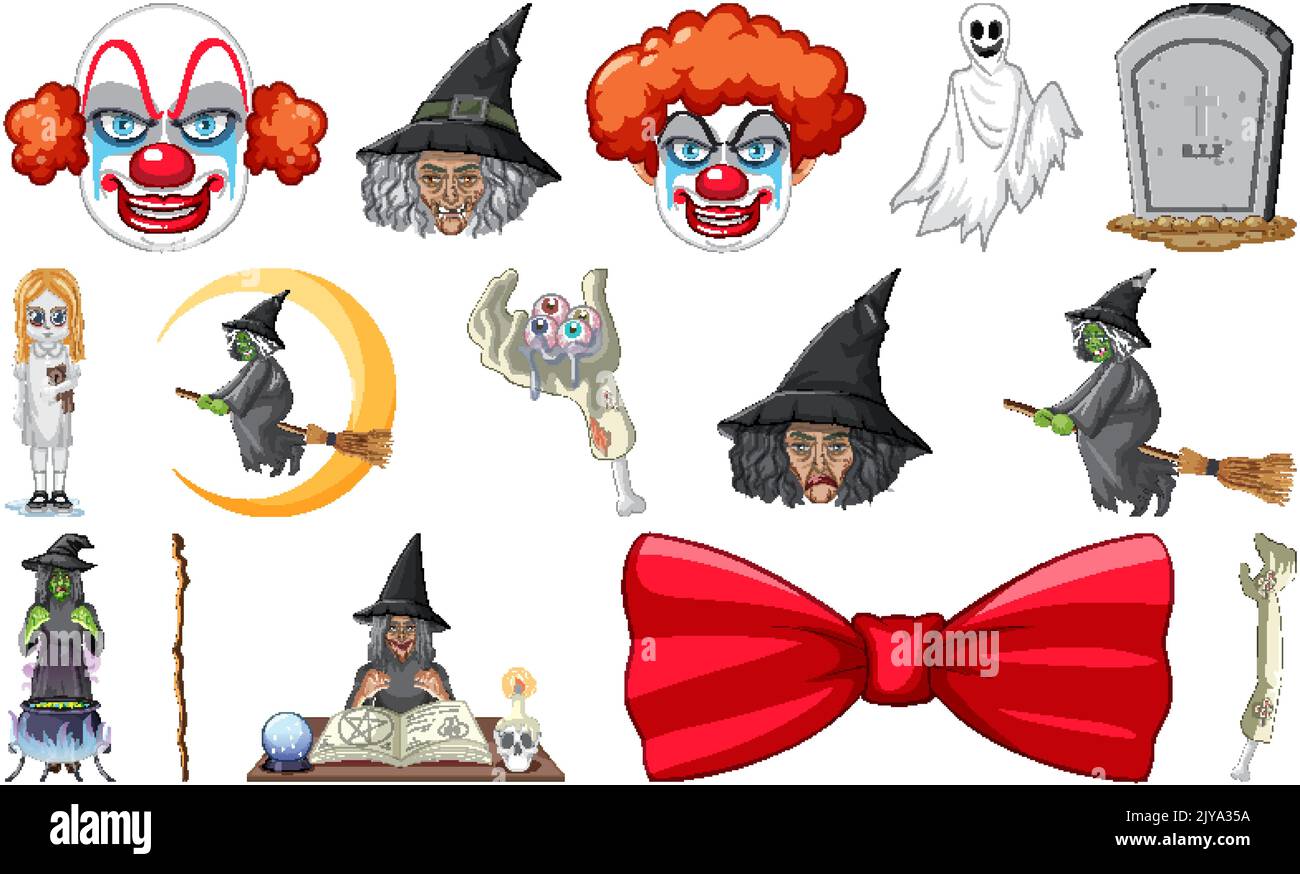 Set of horror halloween objects and cartoon characters illustration ...