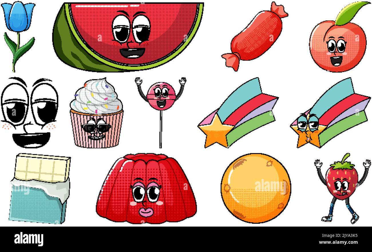 Set of objects and foods cartoon characters illustration Stock Vector ...