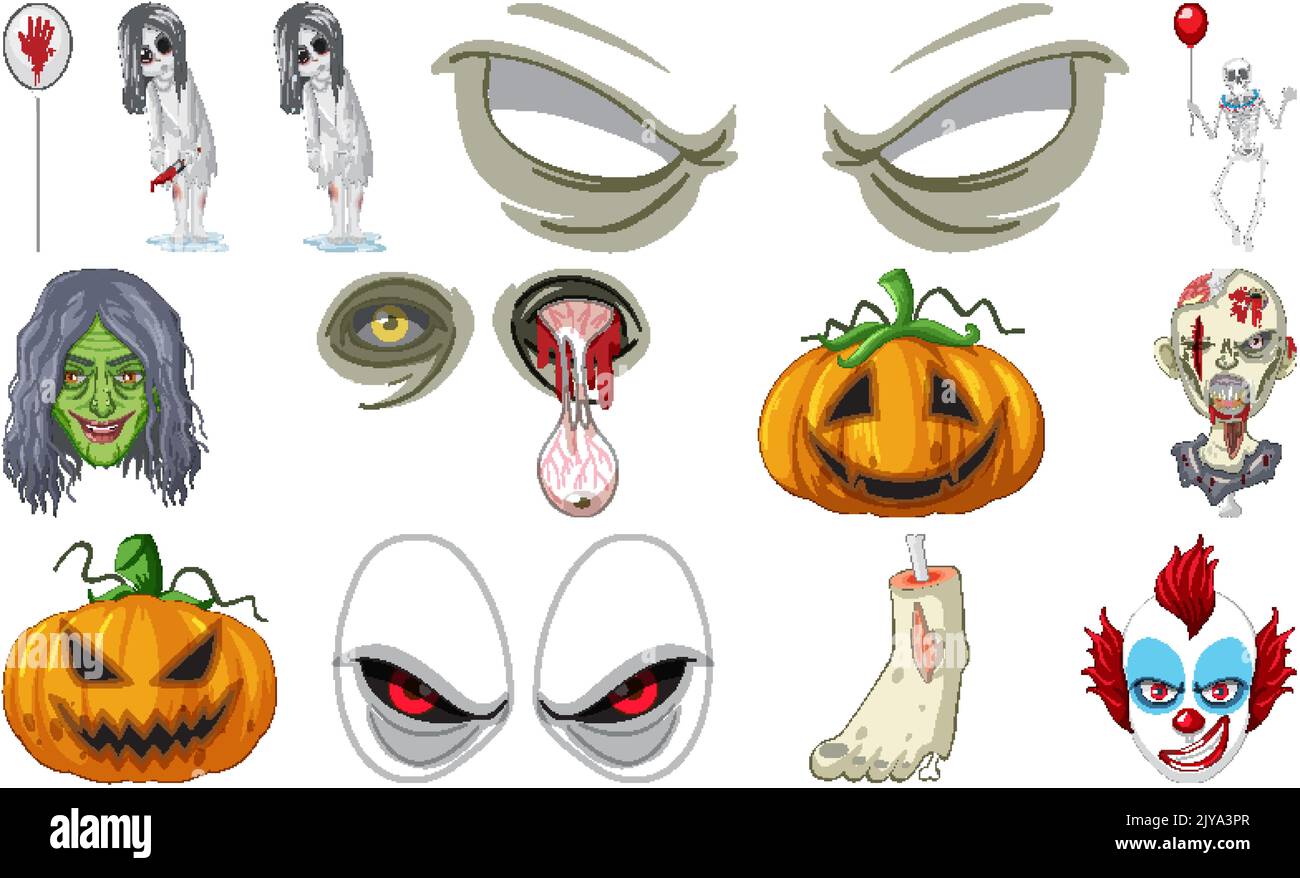 Set of horror halloween objects and cartoon characters illustration ...
