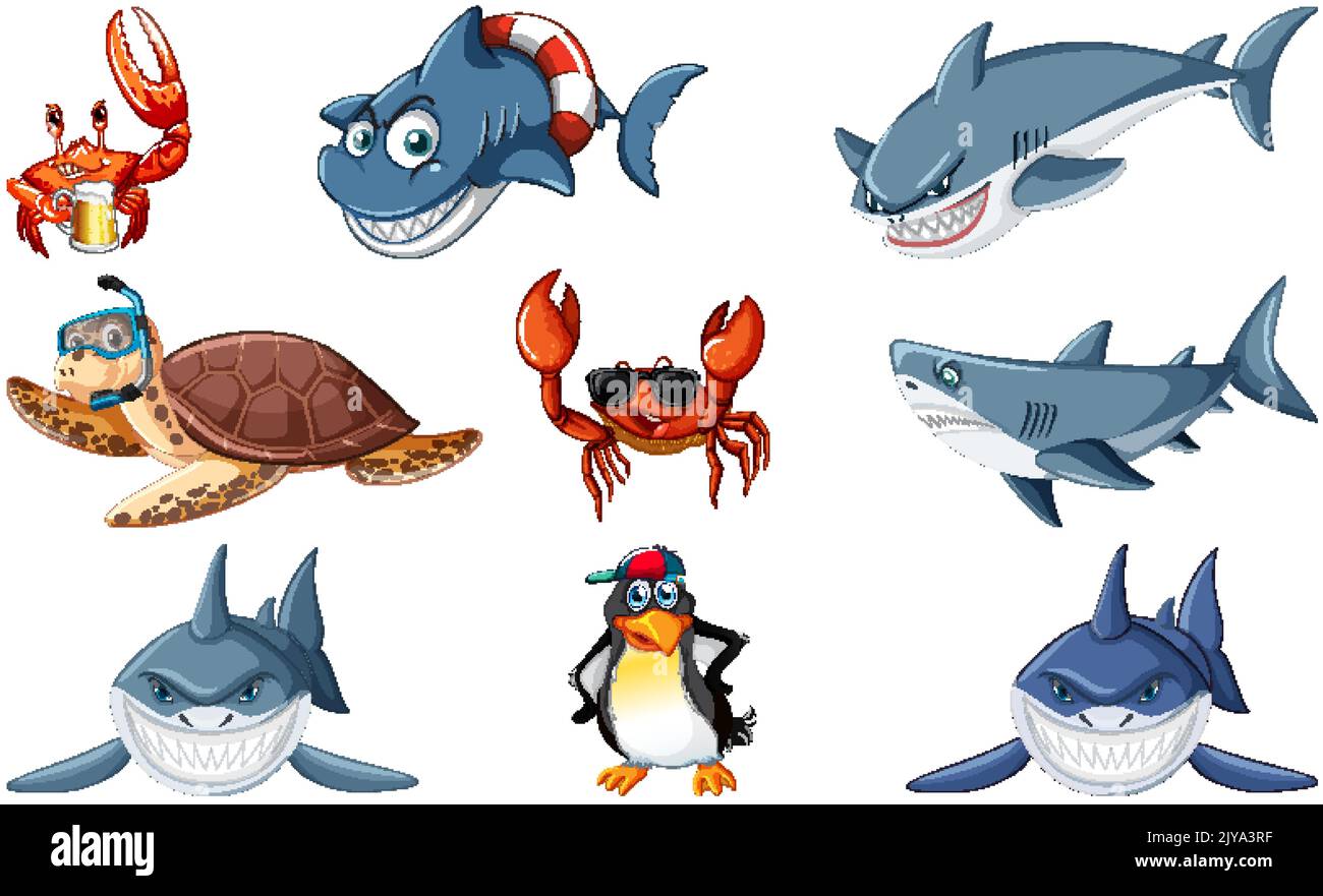 Set of various sea animals cartoon characters illustration Stock Vector ...
