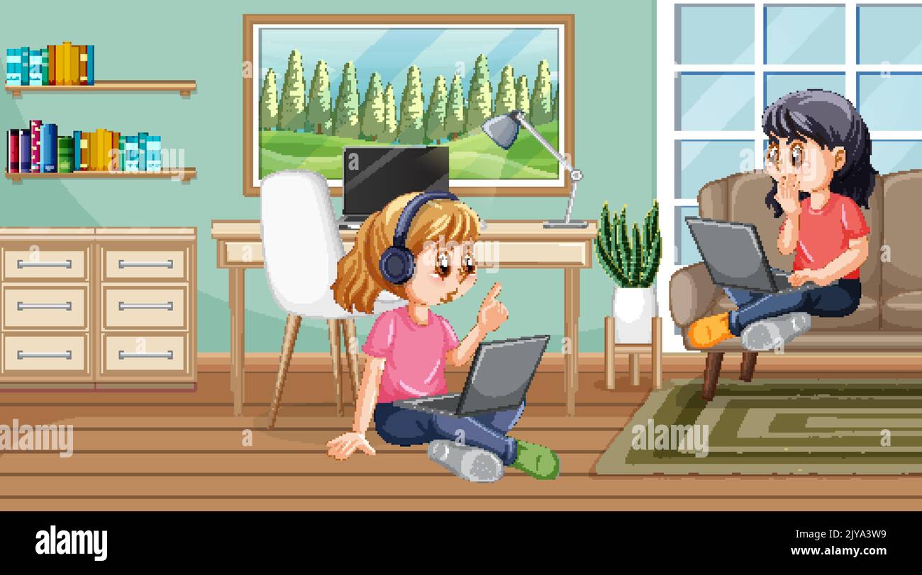 At home scene with two girls using their laptops illustration Stock ...