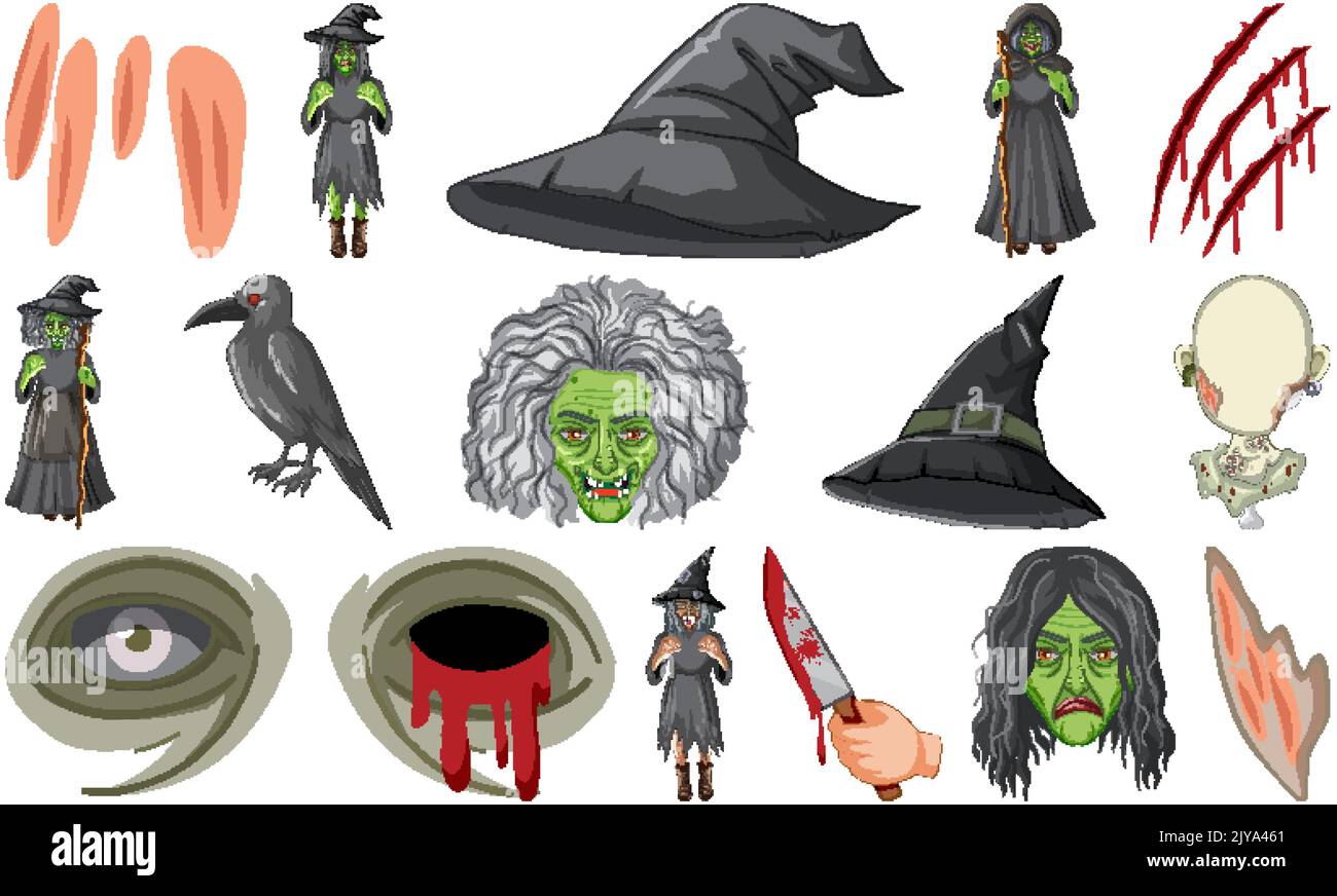 Set of horror halloween objects and cartoon characters illustration ...