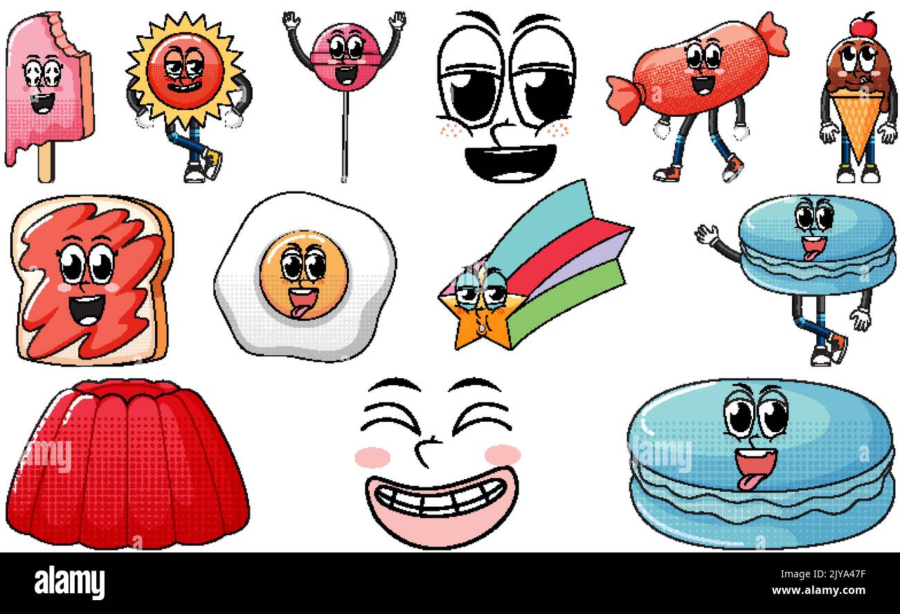 Set of objects and foods cartoon characters illustration Stock Vector ...