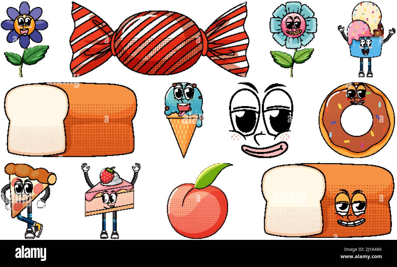 Set of objects and foods cartoon characters illustration Stock Vector ...