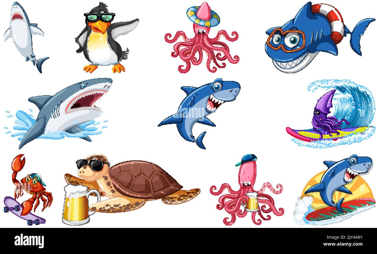 Set of various sea animals cartoon characters illustration Stock Vector ...