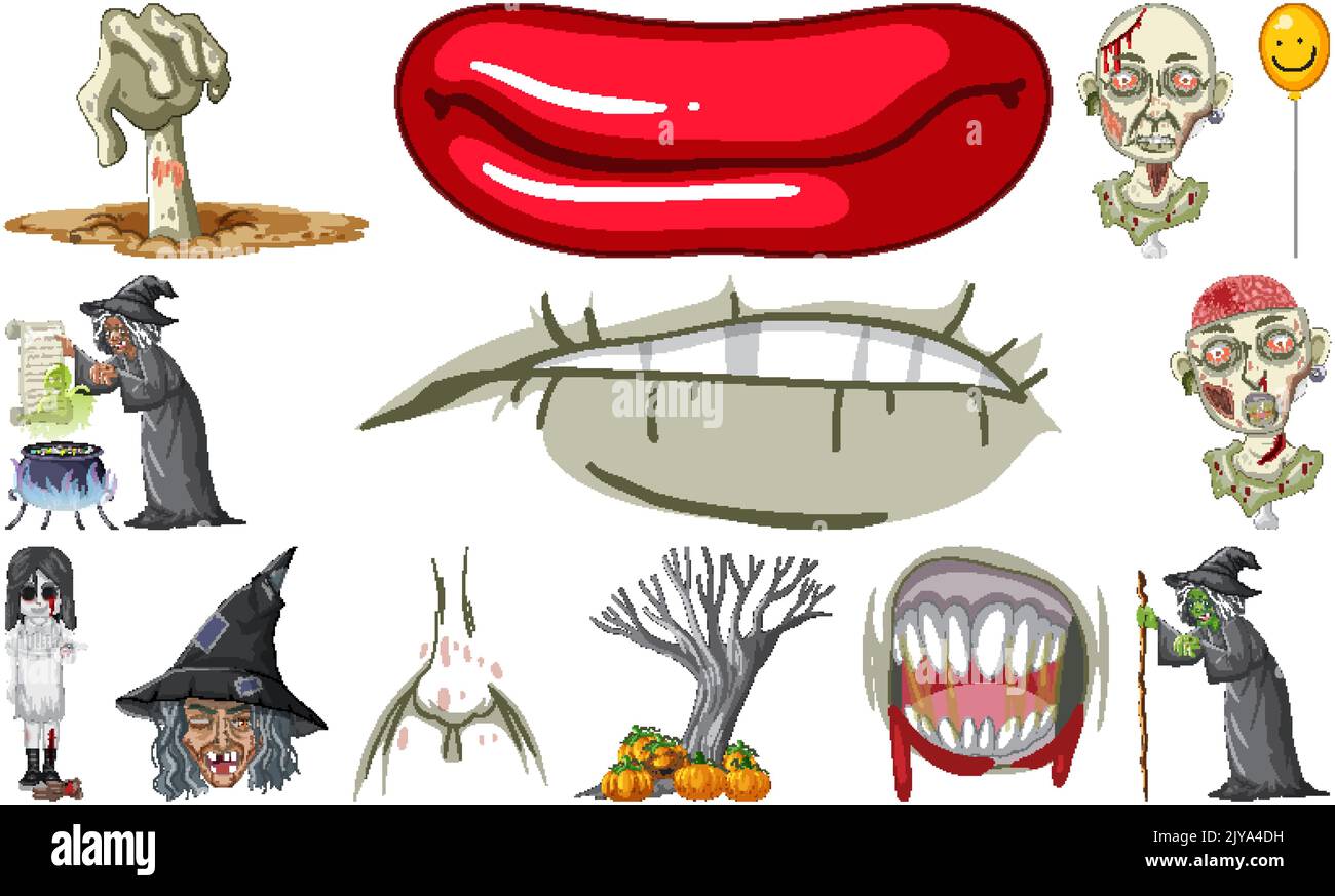 Set of horror halloween objects and cartoon characters illustration ...