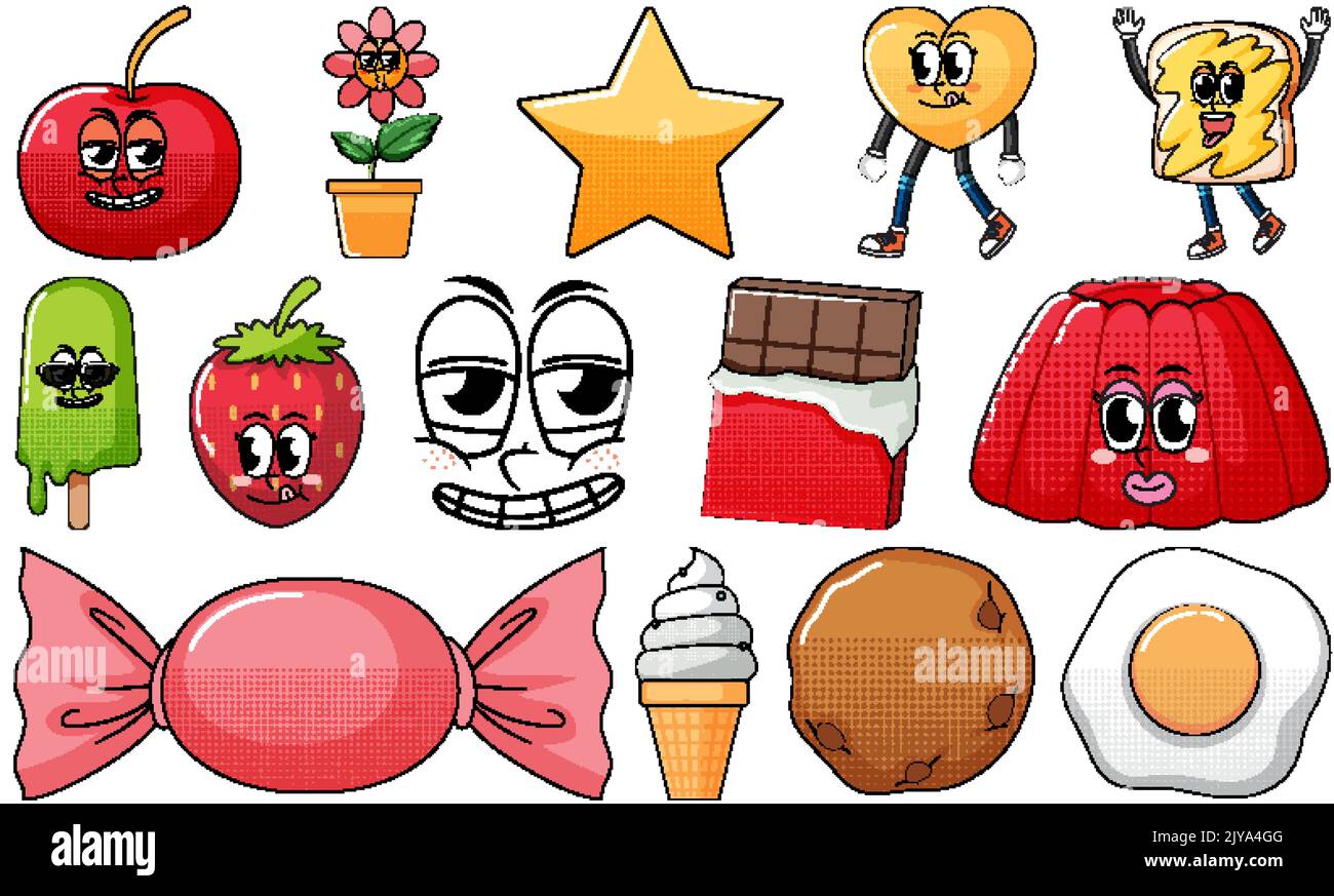 Set of objects and foods cartoon characters illustration Stock Vector ...