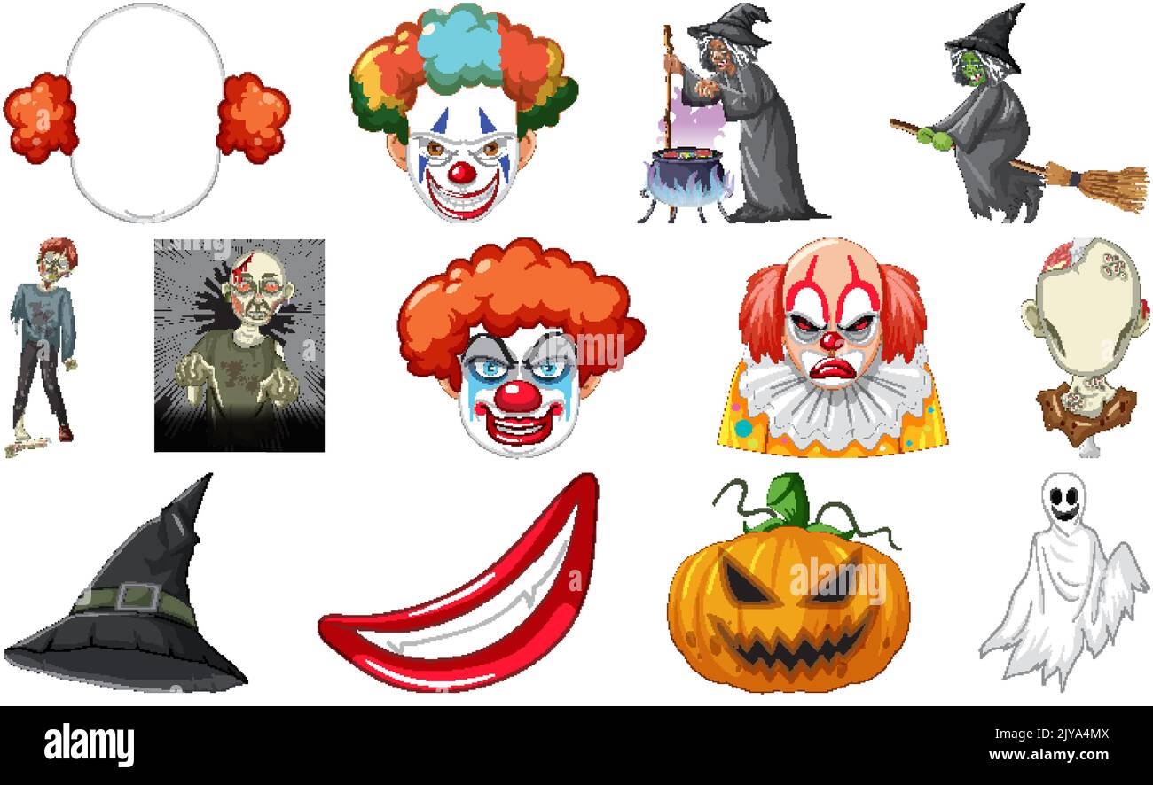 Set of horror halloween objects and cartoon characters illustration ...